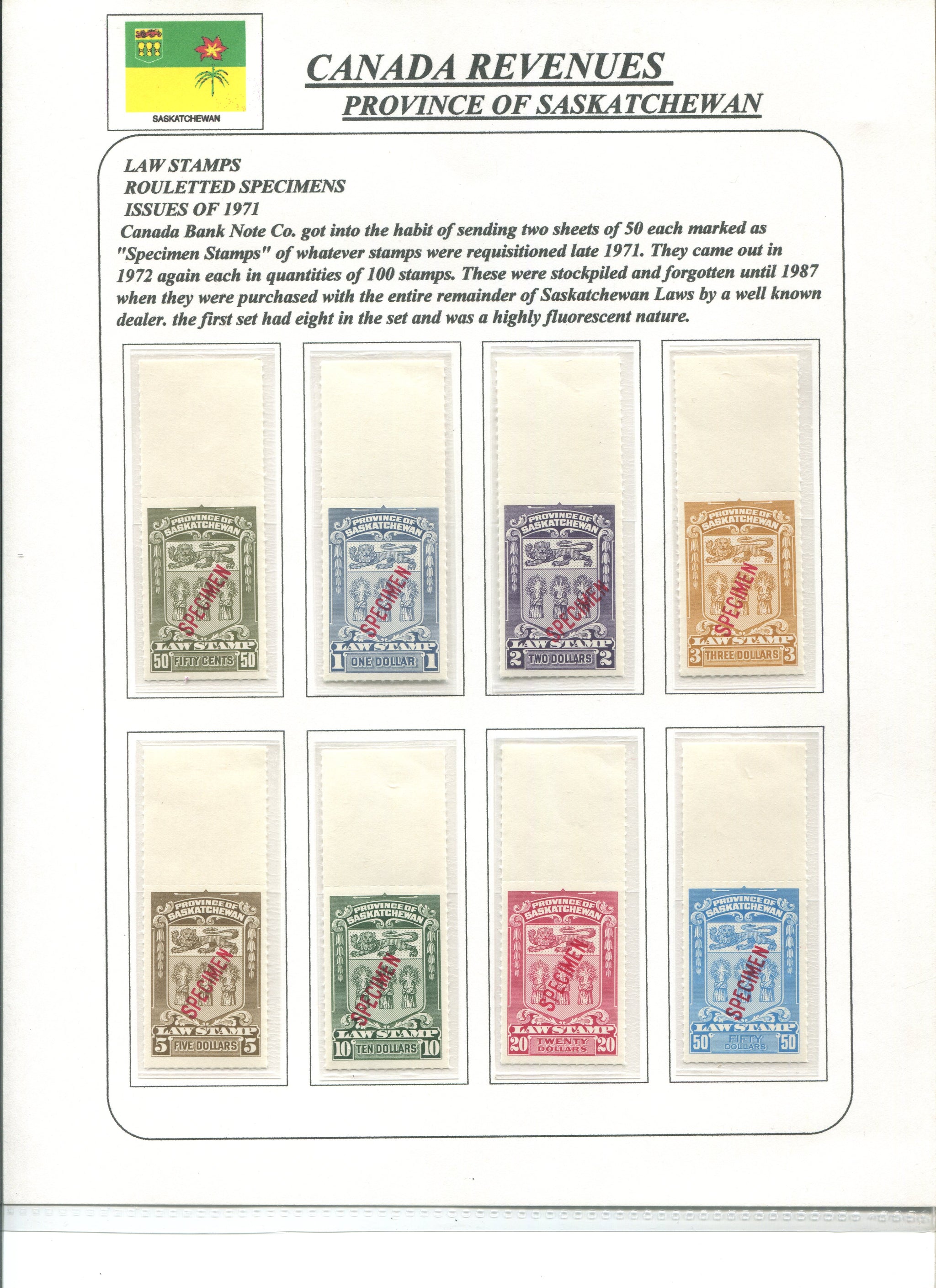 Saskatchewan Law Stamp Specimen Collection - SL71-SL78 191001 - Deveney ...