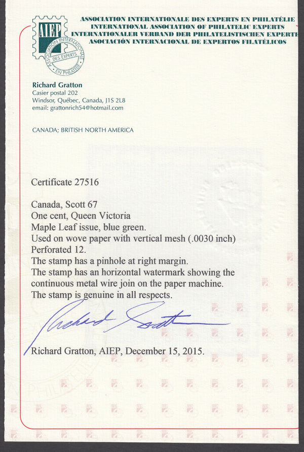 CANADA #67 USED STITCH WATERMARK 180220 - Deveney Stamps