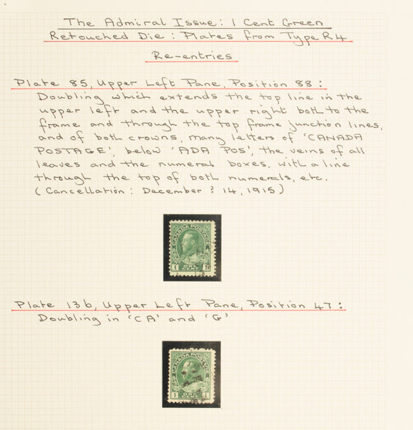 Canada Stamp Collection - #104, 1c green Re-entry group on pages (4 ...