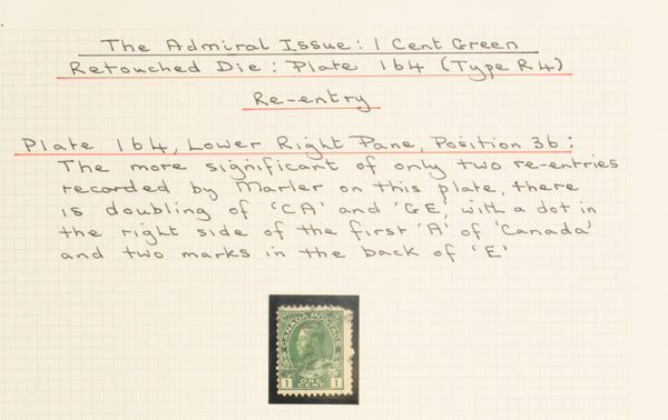 Canada Stamp Collection - #104, 1c green Re-entry group on pages (4 ...